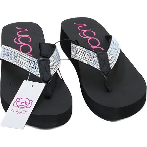 Sugar | Shoes | Sugar Brad Rhinestone Wedge Thong Sandals Black ...